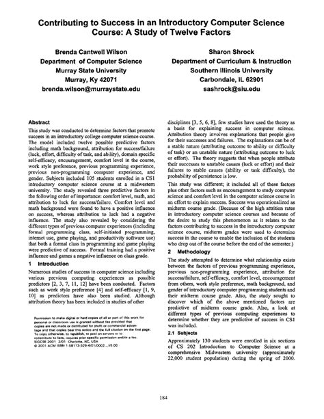 Pdf Contributing To Success In An Introductory Computer Science