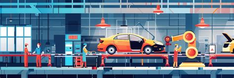 A Dynamic Illustration Depicting A Modern Car Assembly Line Where Workers And Robots Work