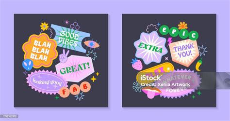 90년대 스타일의 패치와 스티커가 있는 귀여운 템플릿의 벡터 세트 강렬하고 밝은 색상에 대한 스톡 벡터 아트 및 기타 이미지 강렬하고 밝은 색상 개념 고객 참여