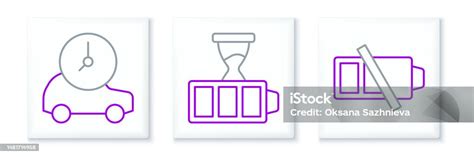 라인 배터리 부족 전기 자동차 및 배터리 충전 아이콘을 설정합니다 벡터 가득 찬에 대한 스톡 벡터 아트 및 기타 이미지 가득 찬 계기판 측정기 고압 전류 주의