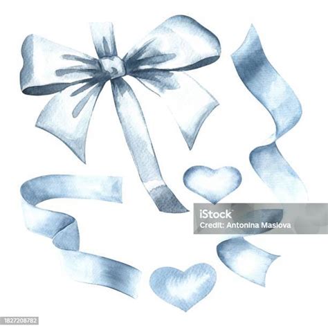 흰 리본과 리본 손으로 그린 수채화 그림입니다 축하 카드 청첩장의 디자인 요소 포장 및 라벨 포스터 및 전단지 인쇄물 배너용 0명에 대한 스톡 벡터 아트 및 기타 이미지
