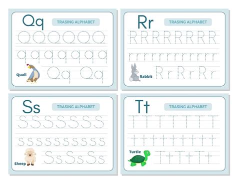 알파벳 추적 연습 편지 Q R S T 추적 연습 워크 시트 알파벳 활동 페이지 학습 인쇄 가능한 템플릿 대문자