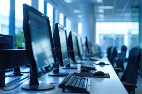 Row Of Computer Screens In Bright Modern Office In Shallow Depth Of