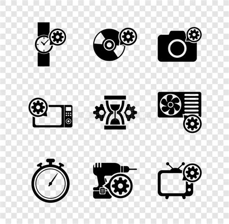 Set Wrist Watch Setting Cd Or Dvd Disk Photo Camera Stopwatch Drill Machine And Tv Icon