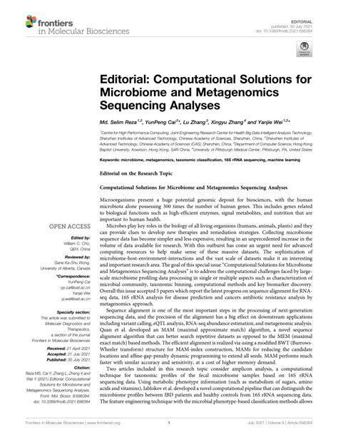 PDF Editorial Computational Solutions For Microbiome And Metagenomics Sequencing Analyses