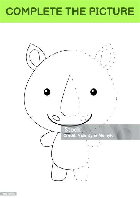 귀여운 코뿔소의 그림을 완료합니다 색칠 공부 그림을 복사합니다 필기 연습 그리기 기술 훈련 인쇄 가능한 워크시트 를 개발하는