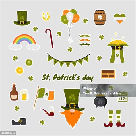 성 패트릭 데이 스티커 귀여운 축제 요소 플랫 만화 스타일의 벡터 일러스트레이션 아일랜드 휴가를 위한 손으로 그린 아이콘 St