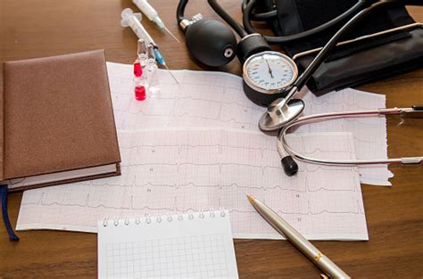 의학 컨셉입니다 심전도 주사기 청진기 노트패드 테이블 건강 검진에 대한 스톡 사진 및 기타 이미지 건강 검진 건강 모니터링