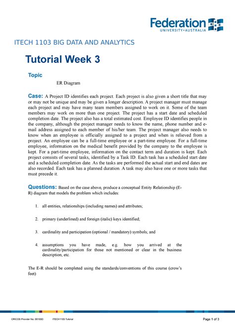 Itech1103 Tutorial 03 Itech 1103 Big Data And Analytics Tutorial Week 3 Topic Er Diagram Case