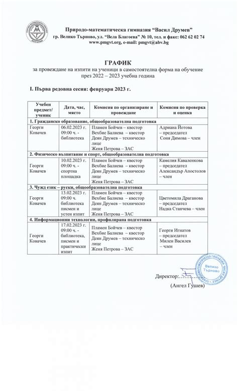 График за провеждане на изпити на ученици в самостоятелна форма на обучение Природо