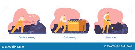 Coal Mining Set Miner Characters Working On Quarry With Tools Transport And Technique Stock
