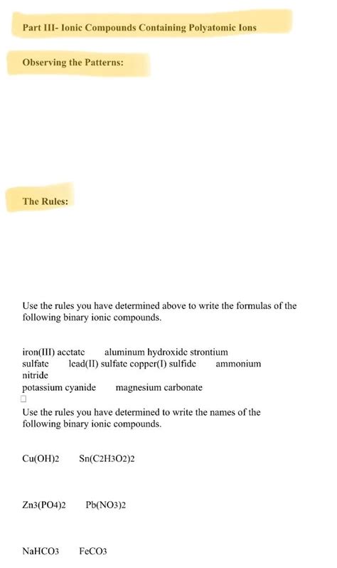 Solved Part III Ionic Compounds Containing Polyatomic Ions Chegg
