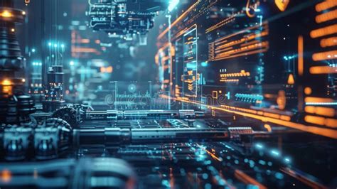 A Futuristic Factory With Holographic Displays And Robotic Arms Whirring About Generating And