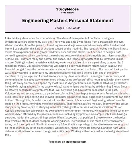 Engineering Masters Personal Statement Free Essay Example