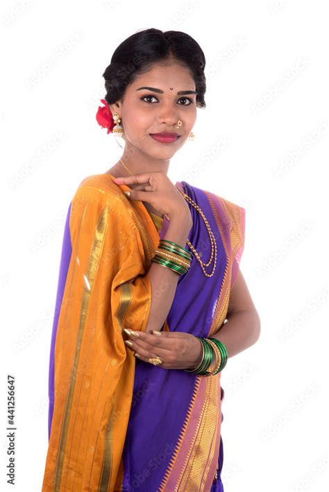 Beautiful Indian Young Girl Posing In Traditional Indian Saree On White