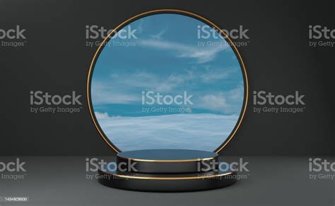 현대적인 무대 디스플레이 및 미니멀리스트 모형 추상 쇼케이스 배경 개념 3d 그림 또는 3d 렌더링을 위한 회색 구성의 물 표면과 푸른 하늘이 있는 검은색 연단 0명에 대한