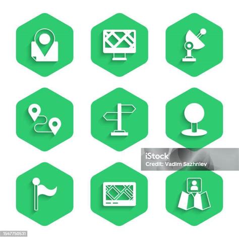 도로 교통 표지판 지도가 있는 Gps 장치 접힌 위치 마커 푸시 핀 깃발 경로 레이더 및 아이콘을 설정합니다 벡터 거리에 대한 스톡 벡터 아트 및 기타 이미지 Istock