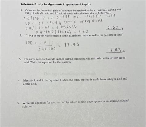 Solved Advance Study Assignment Preparation Of Aspirin 1