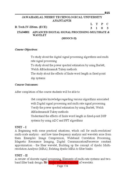 Jntua Btech 4 2 Ece R15 Pdf Wavelet Digital Signal Processing