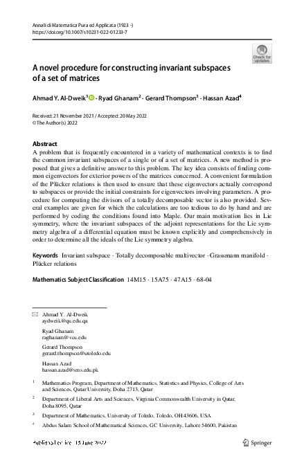 Pdf A Novel Procedure For Constructing Invariant Subspaces Of A Set