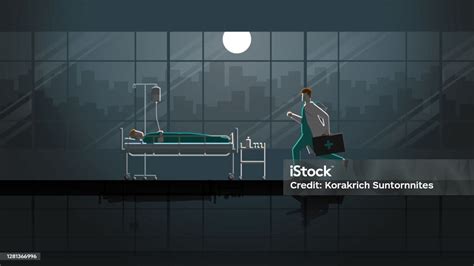 열정적인 컨셉 의사는 밤에 병원 병동에서 침대에서 아픈 환자 수면을 위해 실행합니다 어둡고 보름달 빛에 의료 라이프 스타일 비상 시간을 서둘러 열심히 일하는 직업과 초과