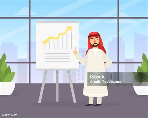 아랍 사업가 화이트 보드에 차트를 설명 하는 프리젠 테이션을 만드는 전통적인 무슬림 의류 플랫 벡터 일러스트를 입고 아랍어