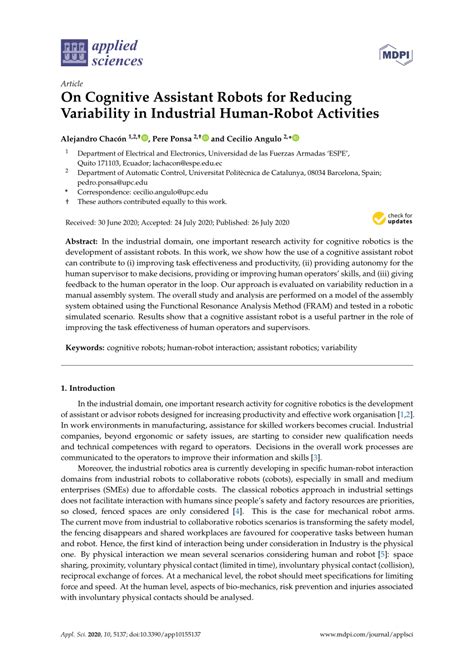 Pdf On Cognitive Assistant Robots For Reducing Variability In Industrial Human Robot Activities