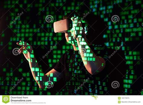 Double Exposure Of A Caucasian Man And Virtual Reality Headset Is
