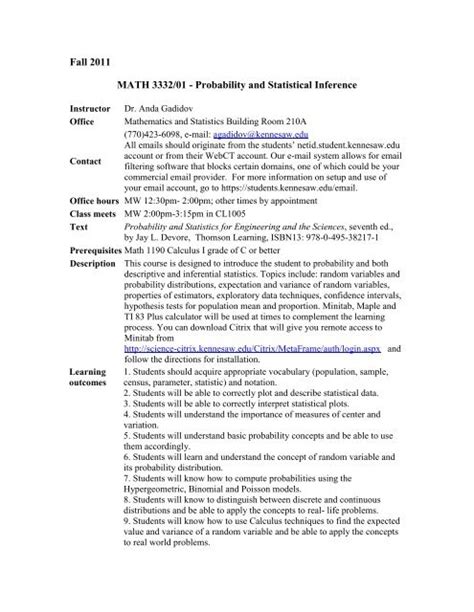 Course Syllabus Department Of Mathematics And Statistics