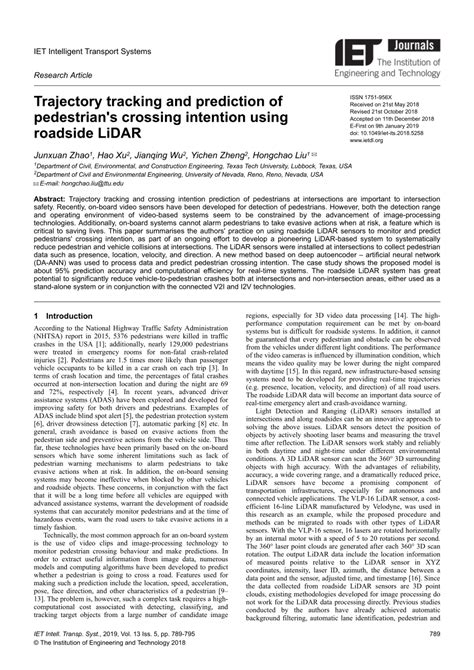 Pdf Trajectory Tracking And Prediction Of Pedestrians Crossing Intention Using Roadside Lidar