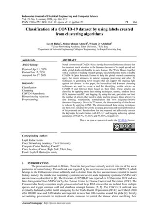 Classification Of A COVID Dataset By Using Labels Created From Clustering Algorithms PDF
