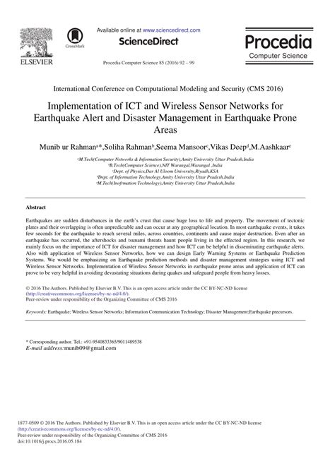 Pdf Implementation Of Ict And Wireless Sensor Networks For Earthquake