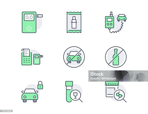 호흡리저 라인 아이콘 벡터 일러스트는 아이콘을 포함 경찰 금주 약물 및 알코올 제어 알코가드 자동차 알코락에 대한 마우스 피스 윤곽 그림 녹색 편집 가능한 스트로크 정지