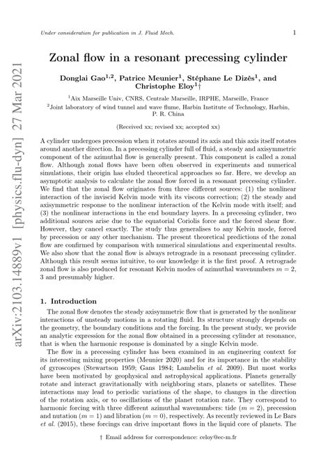 Pdf Zonal Flow In A Resonant Precessing Cylinder