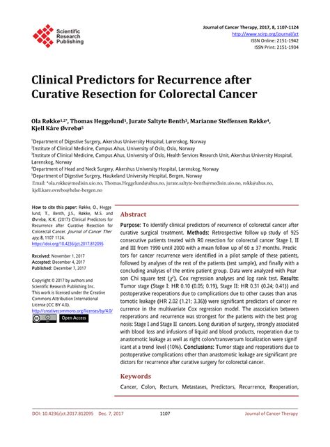 Pdf Clinical Predictors For Recurrence After Curative Resection For Colorectal Cancer