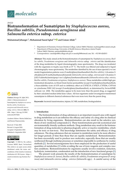 Pdf Biotransformation Of Sumatriptan By Staphylococcus Aureus Bacillus Subtilis Pseudomonas