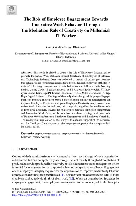 Pdf The Role Of Employee Engagement Towards Innovative Work Behavior Through The Mediation