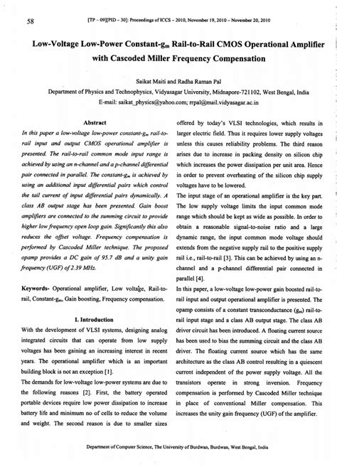 PDF Low Voltage Low Power Constant Gm Rail To Rail CMOS Operational Amplifier With Cascoded