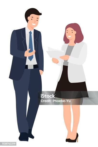 만화 인물 캐릭터 디자인 비즈니스 남자와 여자 서 서 즐겁게 이야기 귀여운에 대한 스톡 벡터 아트 및 기타 이미지 귀여운 기업 비즈니스 남자 Istock