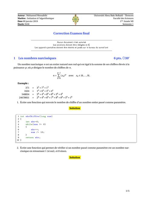 Solution Examen Algorithmique Nombres Narcissiques Affichage