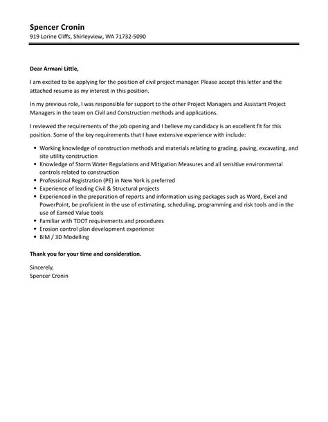Civil Project Manager Cover Letter Velvet Jobs