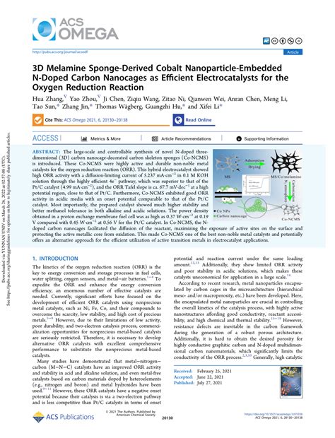 Pdf 3d Melamine Sponge Derived Cobalt Nanoparticle Embedded N Doped
