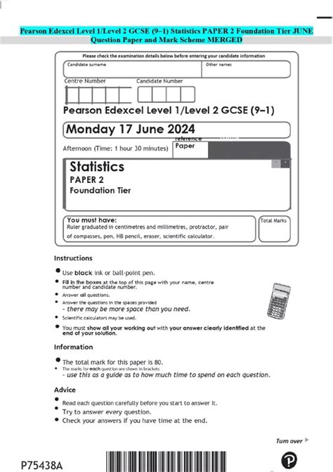 Pearson Edexcel Level 1 Level 2 Gcse 9 1 Statistics Paper 2 Foundation Tier June Question