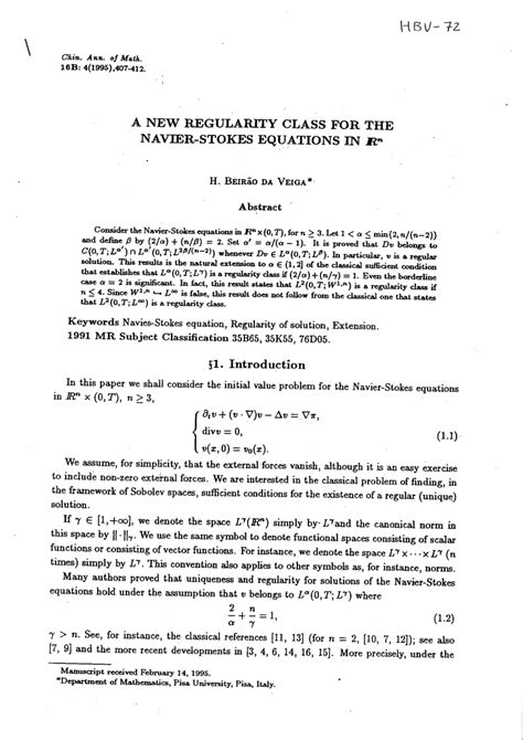 Pdf A New Regularity Class For The Navier Stokes Equations In ℝ N