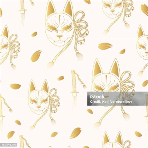 황금 키츠네 마스크와 카타나 원활한 패턴 동양적 동기를 가진 벡터 배경 직물 질감 및 포장지에 대한 일본 예술 검에 대한 스톡 벡터 아트 및 기타 이미지 Istock
