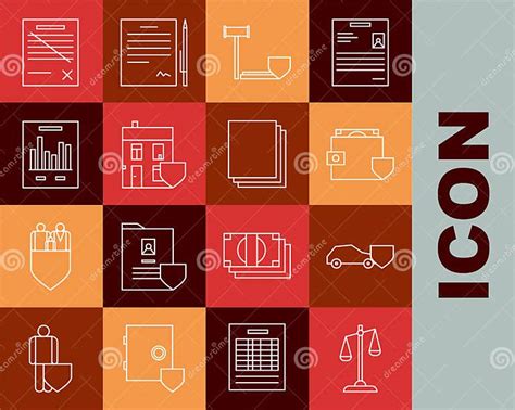 Set Line Scales Of Justice Car With Shield Wallet And Money Judge