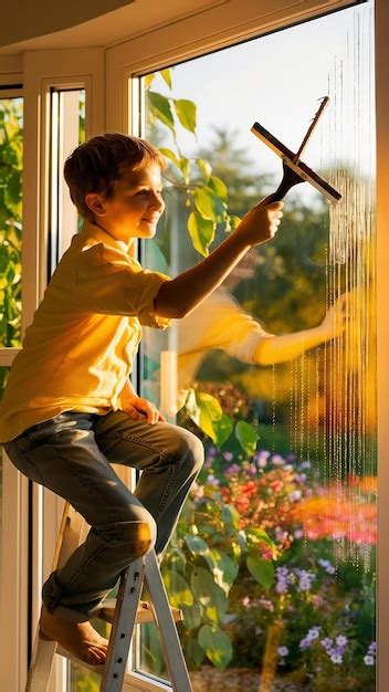 Boy Cleaning Windows Premium Ai Generated Image