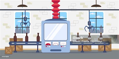 아름다운 인테리어 와인 공장의 벡터 일러스트레이션 컨베이어가있는 만화 인테리어 와인을 붓고 라벨 상자 병을 제공하기위한 발톱을 붙이는 기계 기계류에 대한 스톡 벡터 아트 및