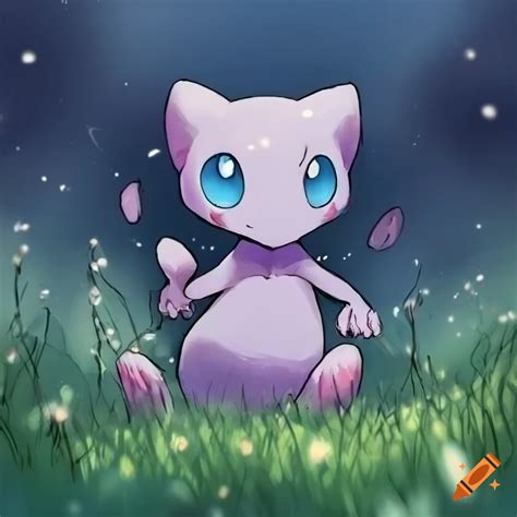 Mew Pokémon At Night On A Meadow In Cute Fan Art Style On Craiyon