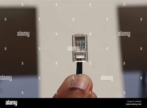 Detailed Close Up Of Ethernet Cable Connector Pin Held In The Hand